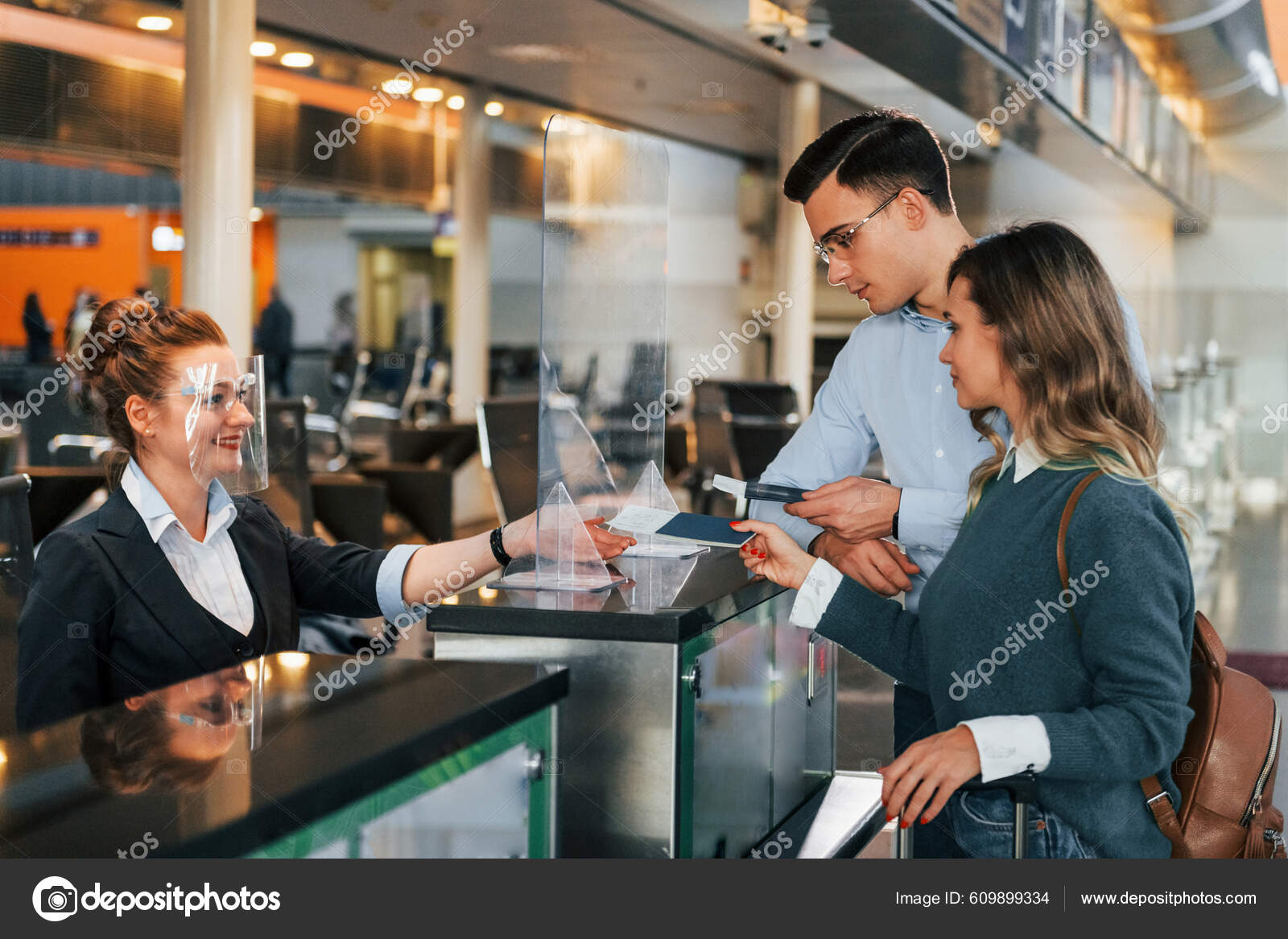 Employee Checking Documents Young Couple Airport Together — Stock Photo ...