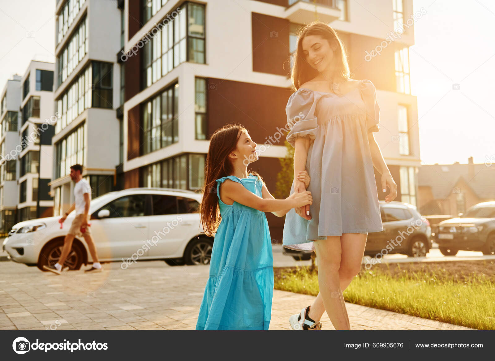 Beautiful Sunshine Young Mother Her Little Daughter Walking Buildings ...
