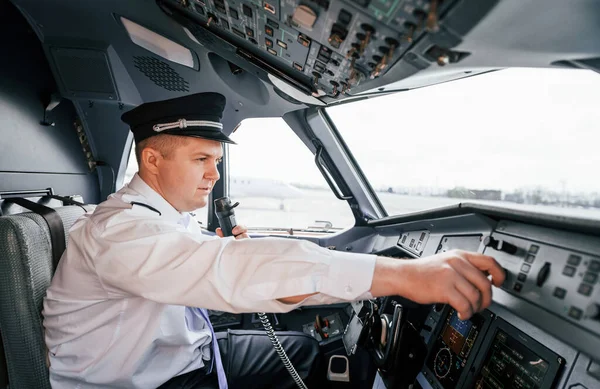 Close View Pilot Work Passenger Airplane Preparing Takeoff Stock Photo ...