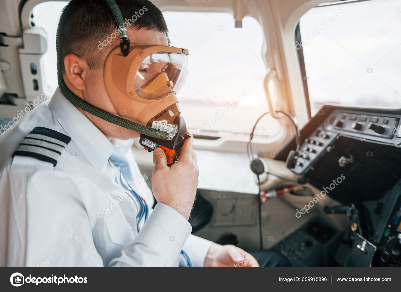 Oxygen Mask Pilot Work Passenger Airplane Preparing Takeoff — Stock ...