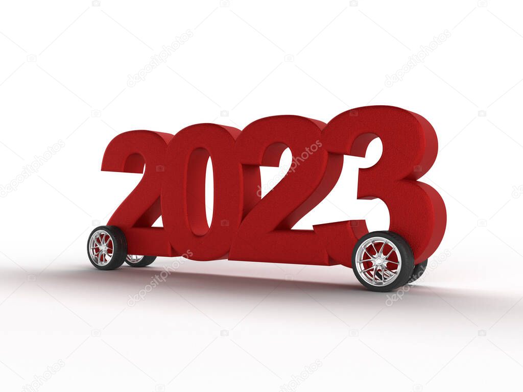 Red inscription 2023 on wheels to celebrate the new year. Funny car ...