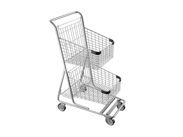 Wide angle image of shopping cart rear view on white isolated ba ...