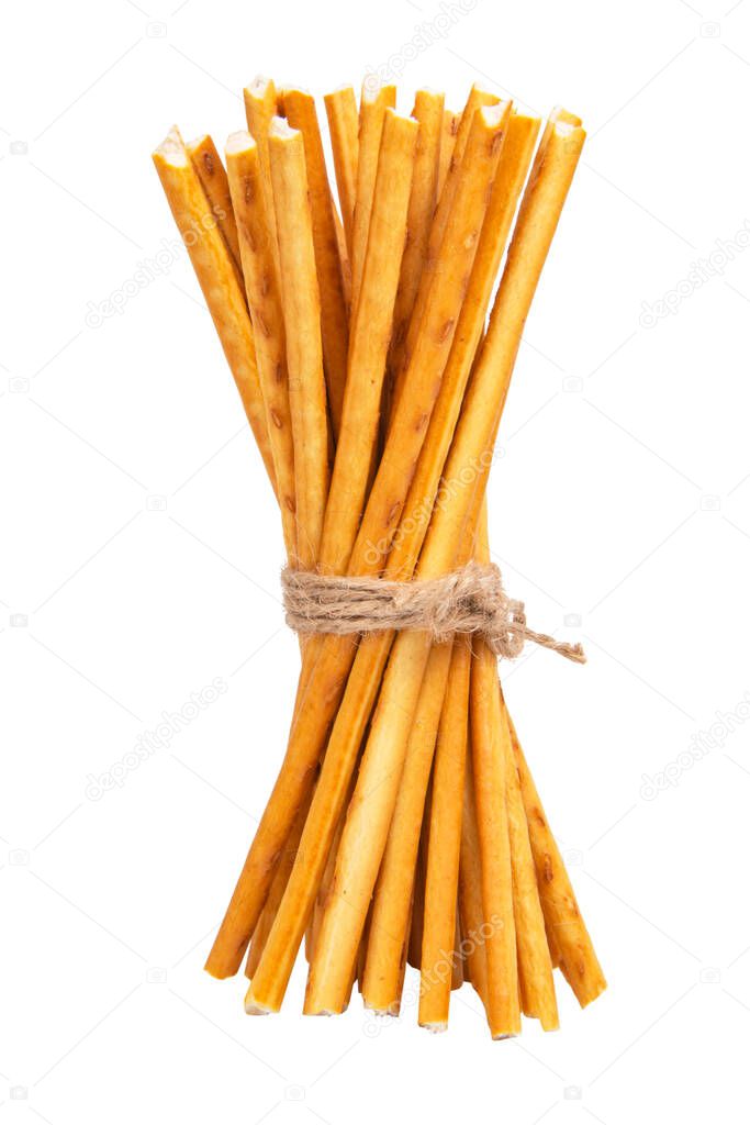 Sabrosos palitos de pan horneado con cuerda aislada sobre el fondo ...