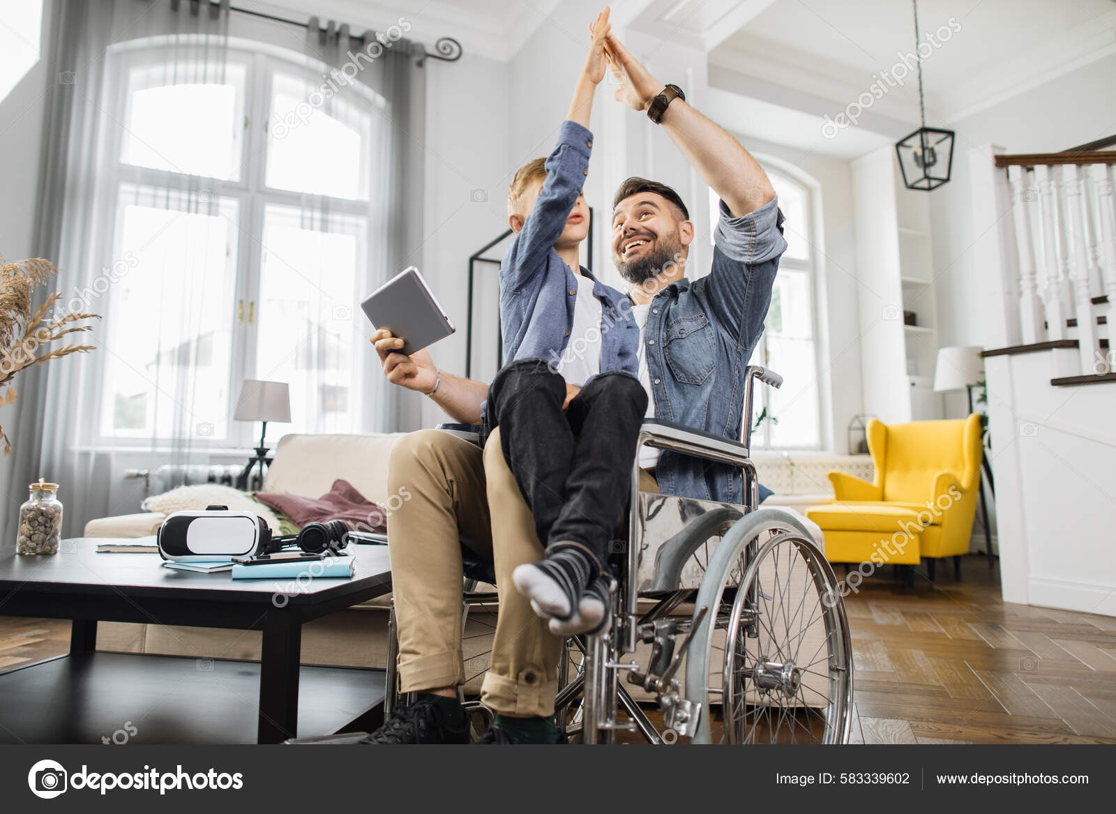 School Boy Giving High Five Disabled Dad Victory Tablet App — Stock ...