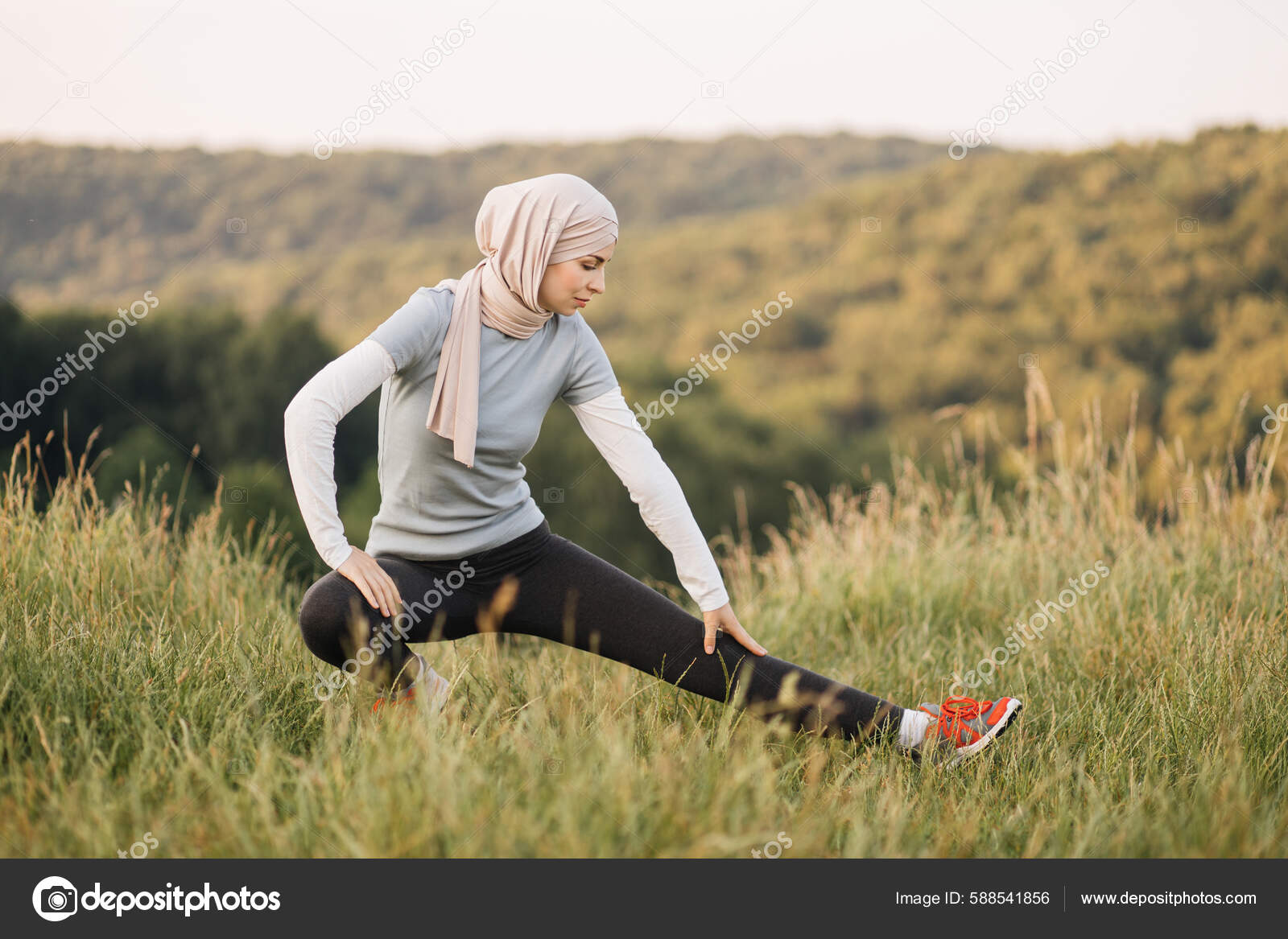 Muslim Arab Islamic Pretty Slim Woman Sporty Outfit Hijab Stretching ...