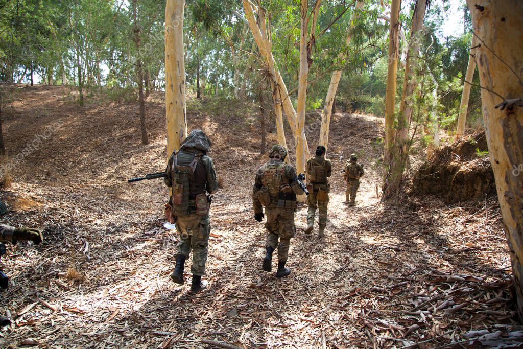A detachment of the military goes through the forest with weapons to ...