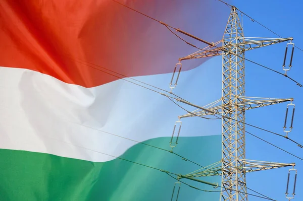 Hungary flag on electric pole background. Power shortage and increased ...