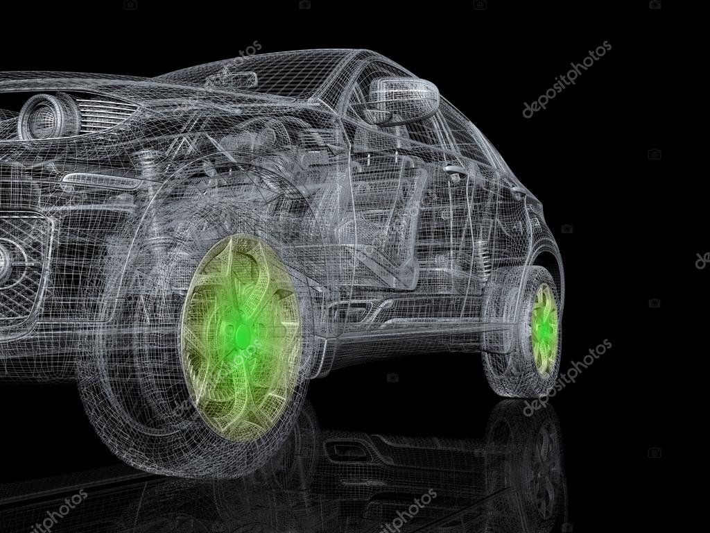 High detailed car wire frame with green neon disks — Stock Photo ...