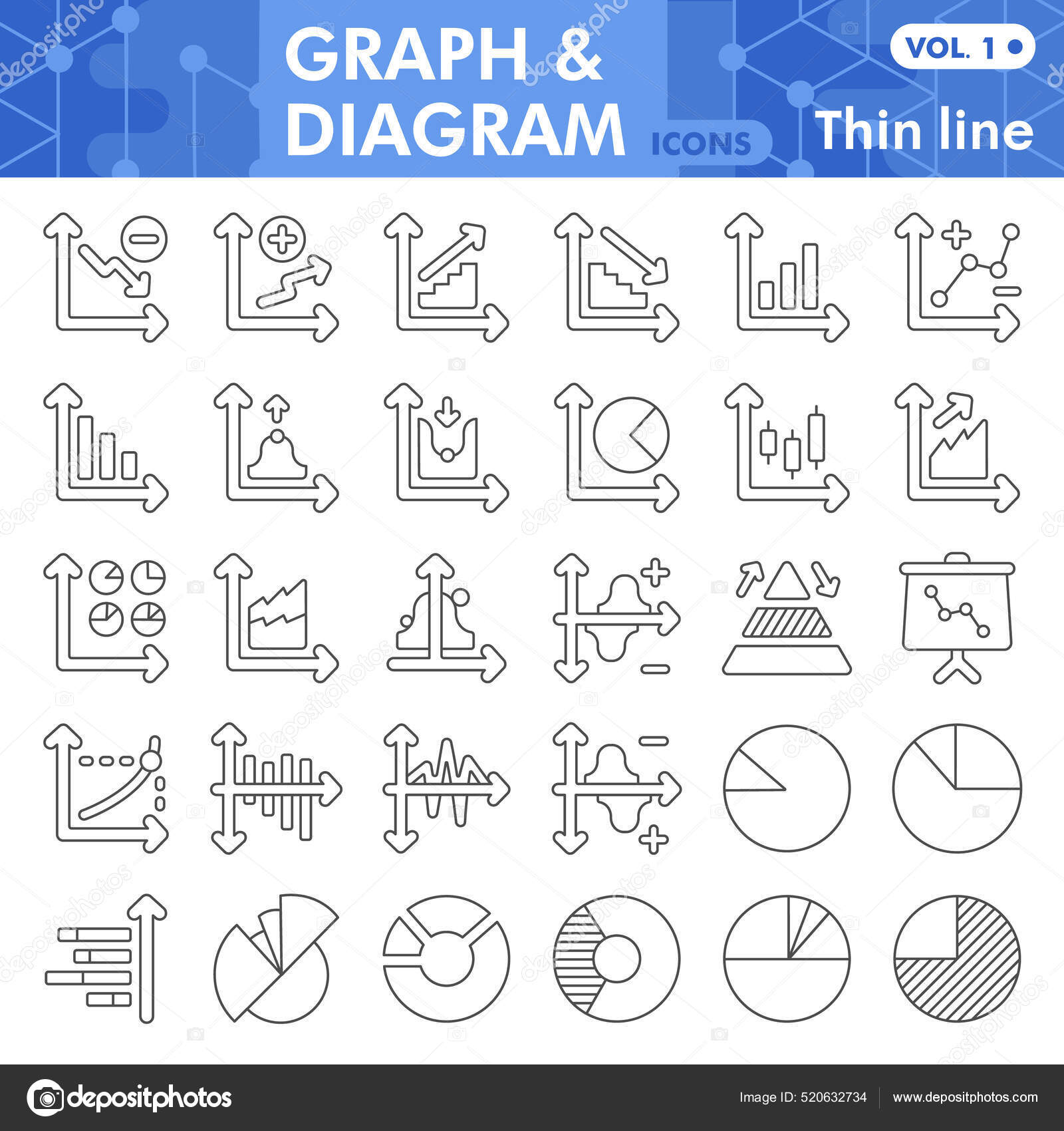 Graph and diagram line icon set, growth chart symbols collection or ...