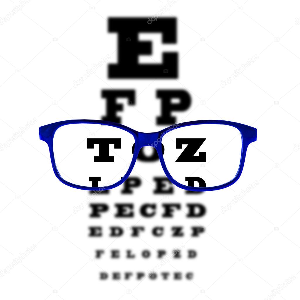 Eye vision test chart seen through blue eye glasses, white background ...