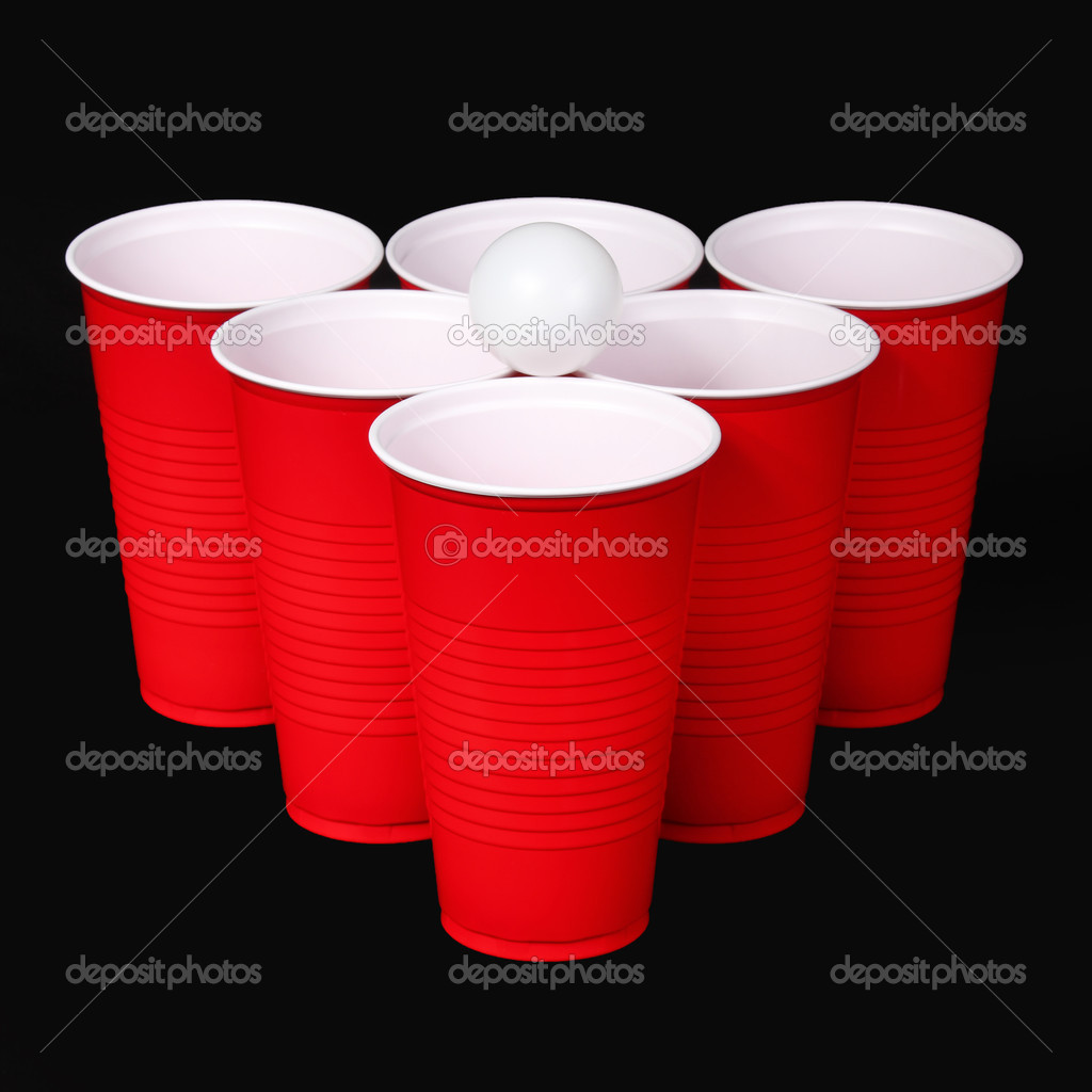 Beer Pong Red Plastic Cups And Ping Pong Ball Over Black Background