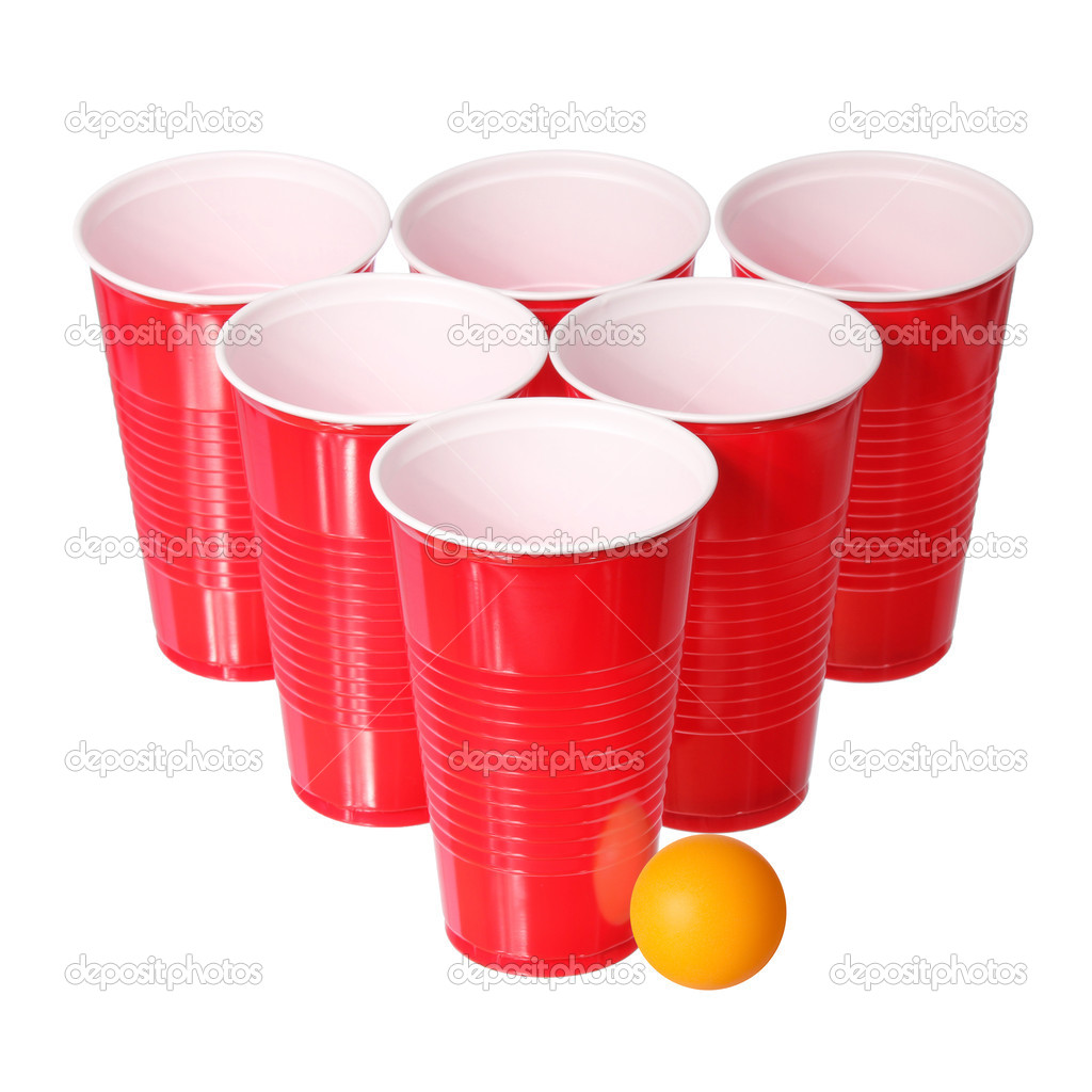 Beer Pong Red Plastic Cups And Orange Ping Pong Ball Isolated On White