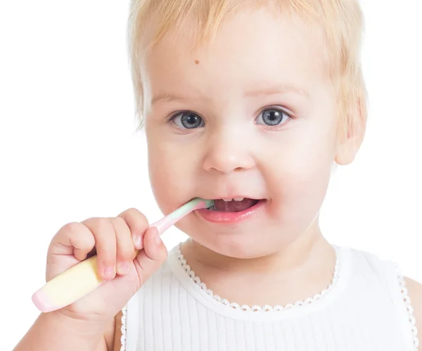 Baby cleaning teeth and smiling, isolated on white background — Stock ...