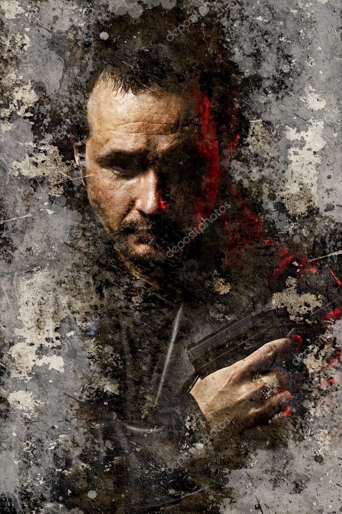 Artistic portrait with textured background, dangerous and armed — Stock ...