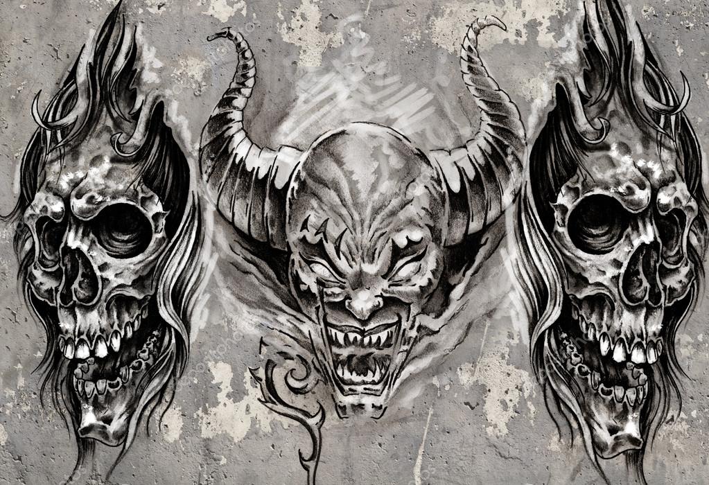 Tattoo art, 3 demons over grey background, Sketch Stock Illustration by ...