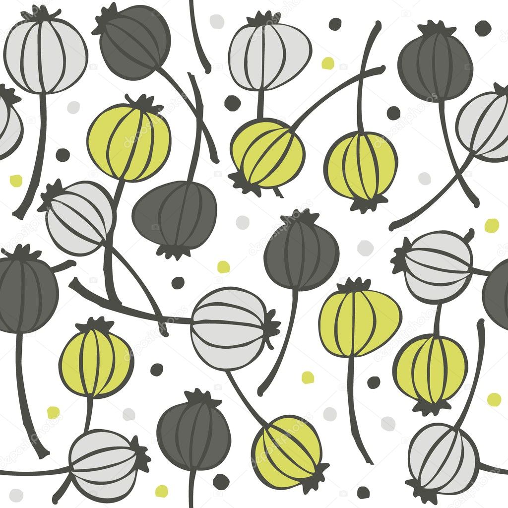 Green gray messy poppy seed fruit pattern with seeds doodle seamless ...