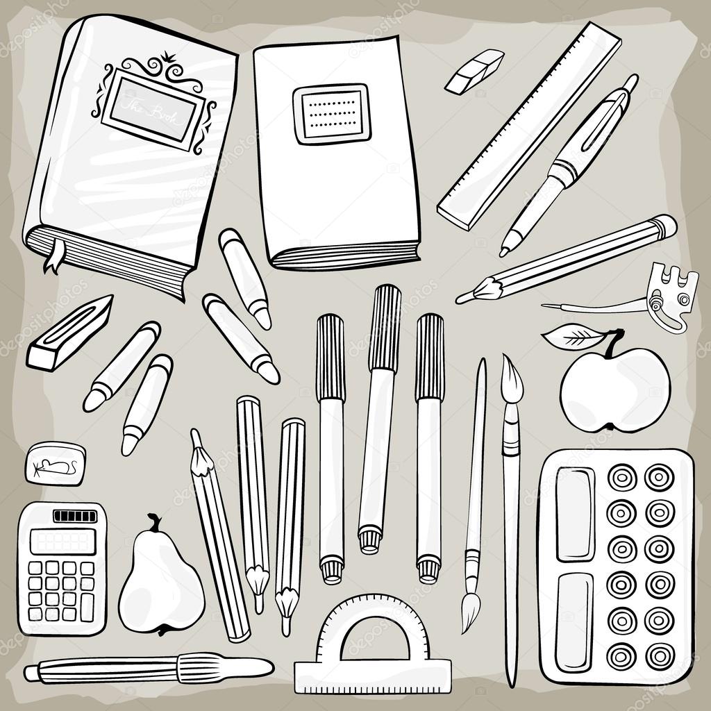 Different school tools monochrome white gray set isolated elements on ...