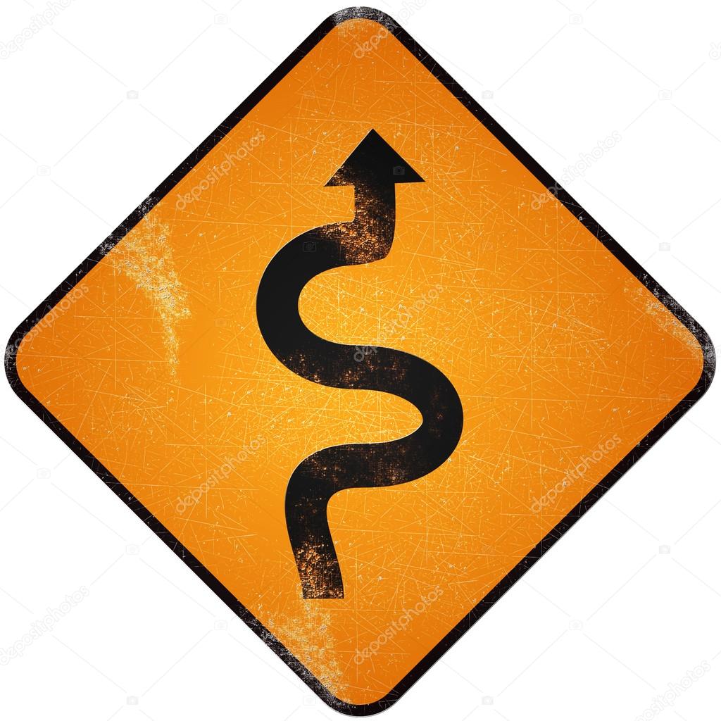 Winding road sign. Damaged yellow metallic road sign with windin ...