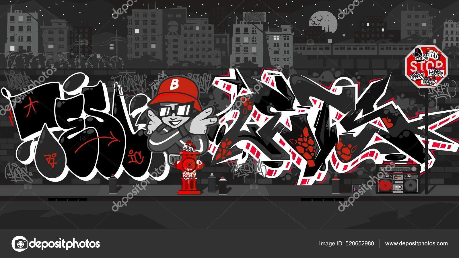 Dark Outdoor Urban Graffiti Wall With Drawings At Night Against The ...