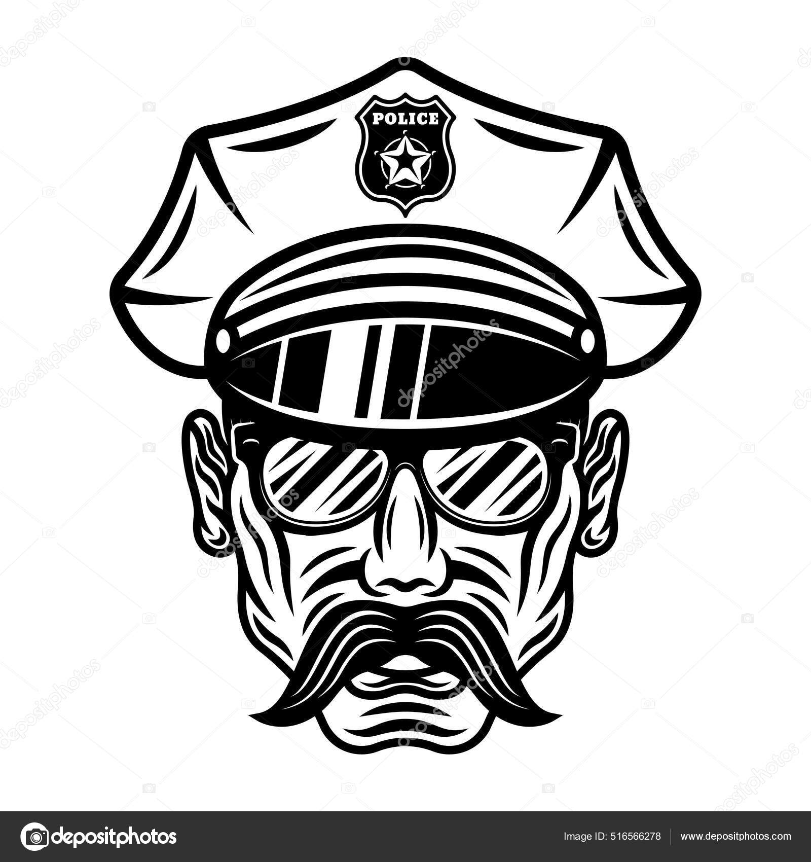 Policeman head in hat and sunglasses vector illustration in monochrome ...