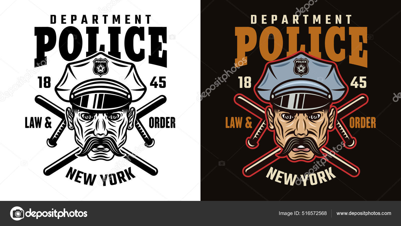 Policeman in cap and two crossed batons vector emblem, label, badge or ...