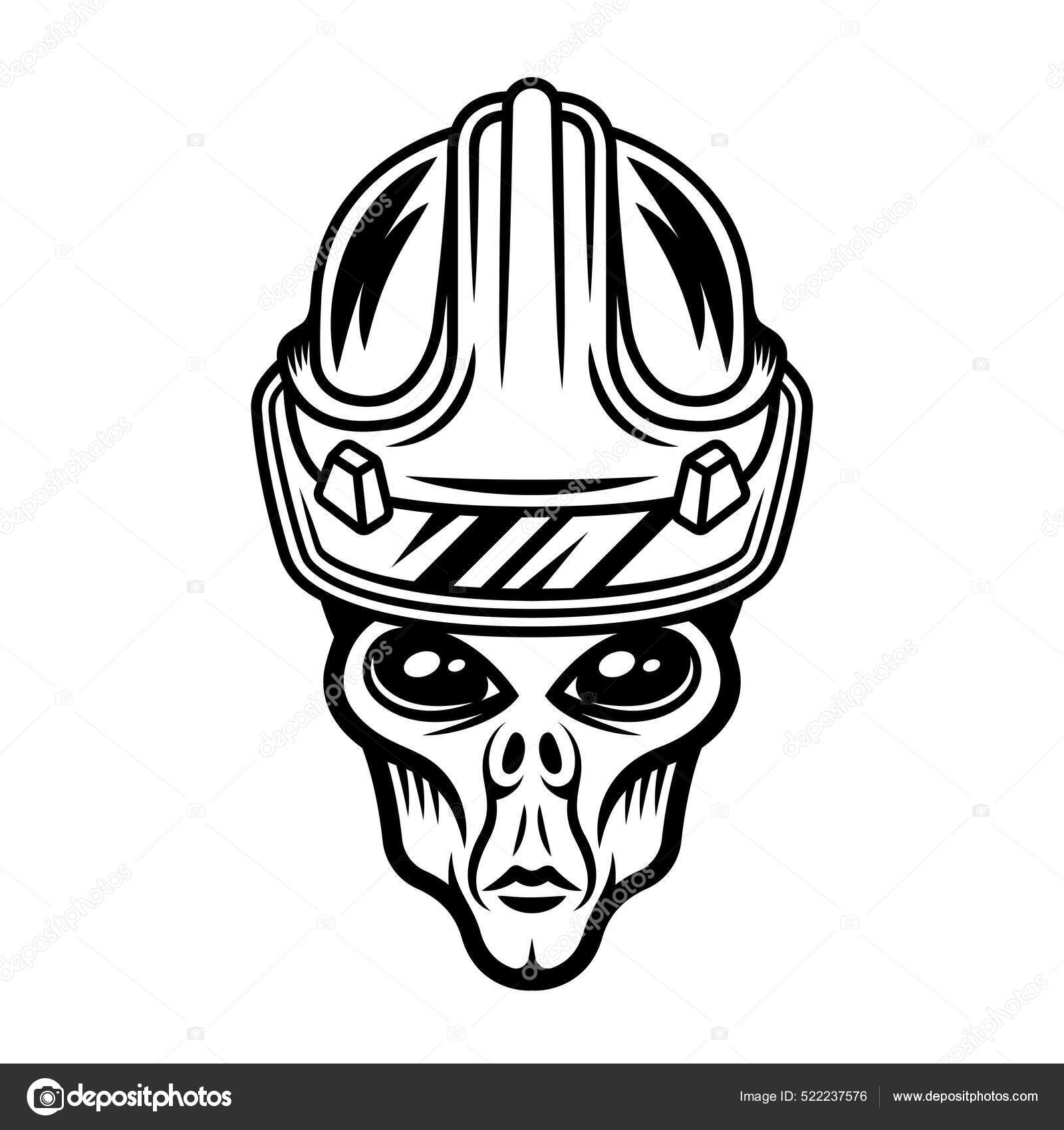 Alien in worker hard hat vector illustration in monochrome vintage ...