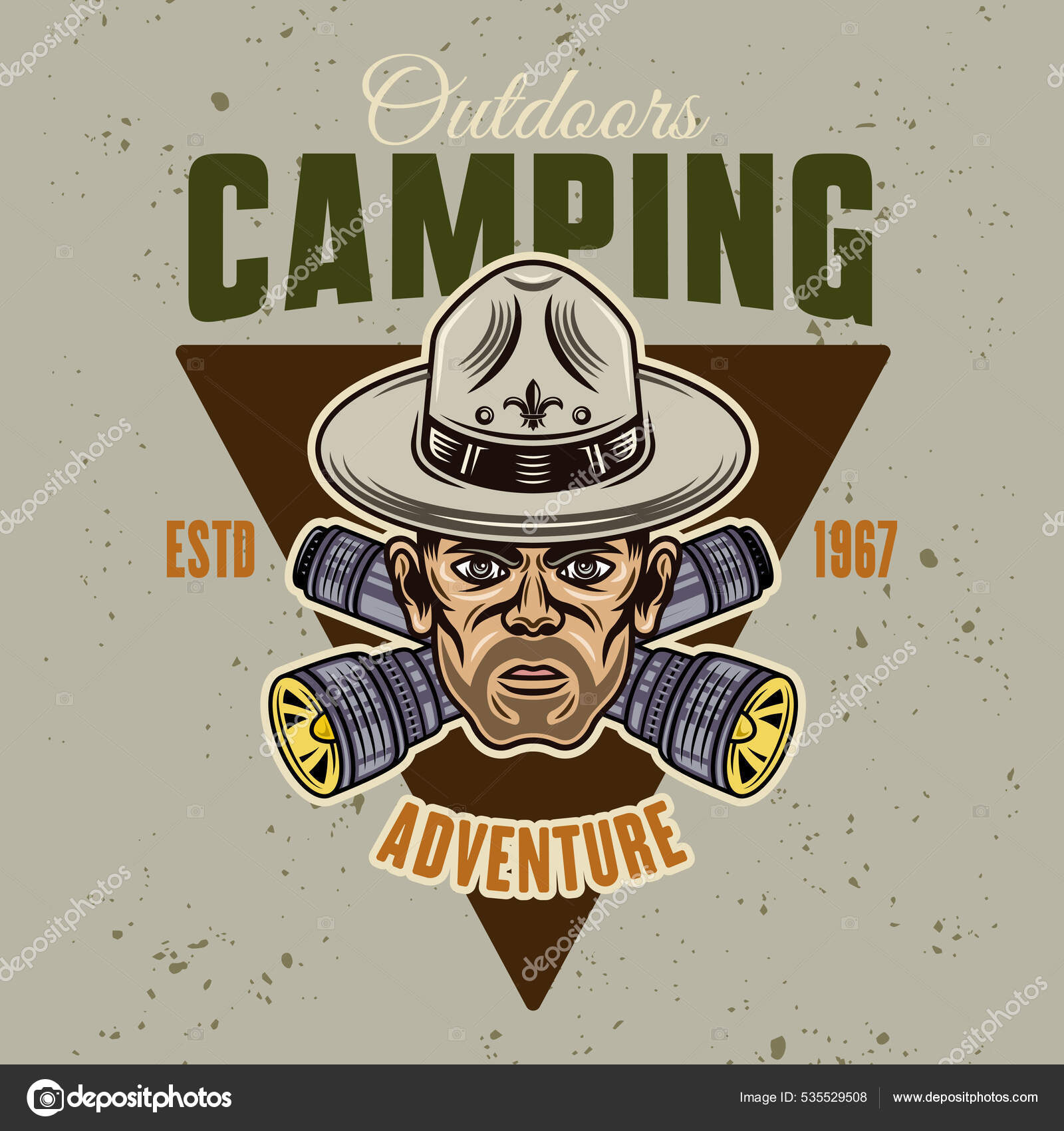 Head of man in boy scout hat and two crossed flashlights vector ...