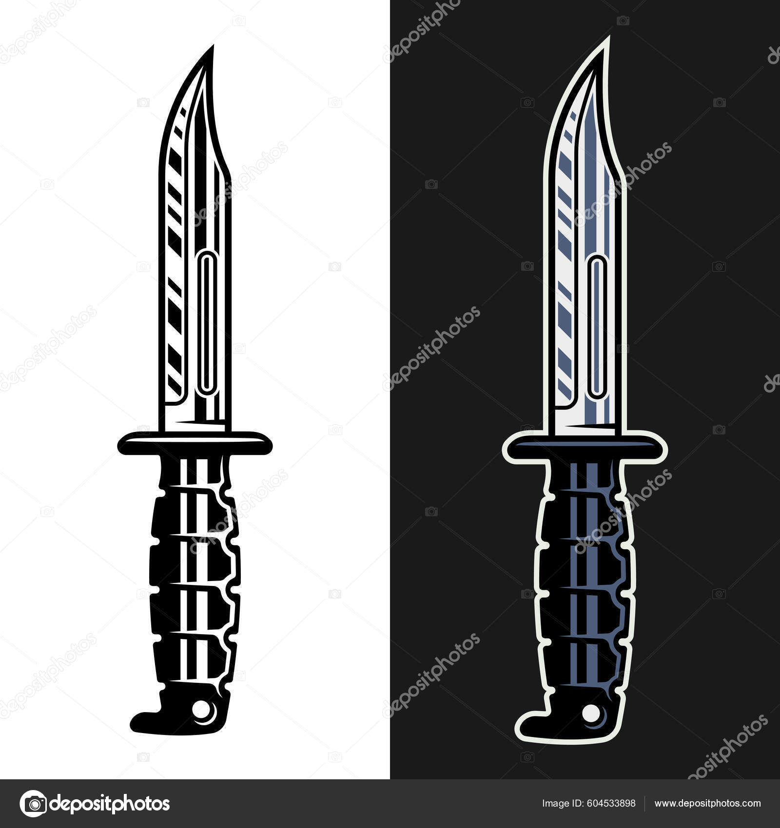 Combat Knife Set Vector Objects Two Styles Monochrome White Colorful ...