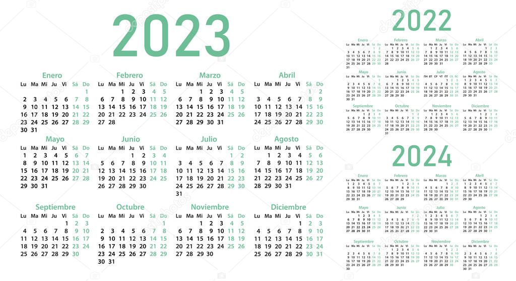 Calendarios en español para 2022, 2023, 2024 sobre fondo blanco ...
