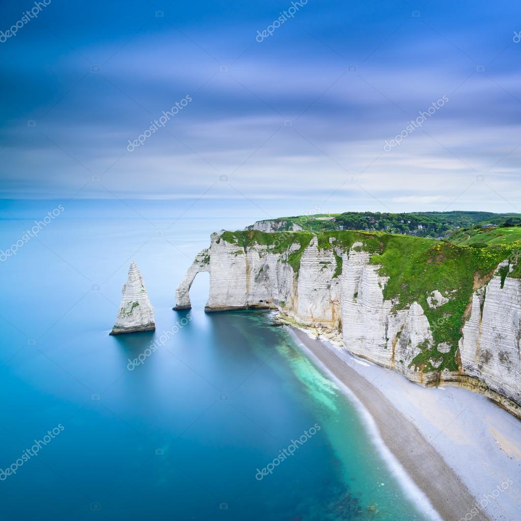 Etretat Aval cliff and rocks landmark and ocean . Normandy, France ...
