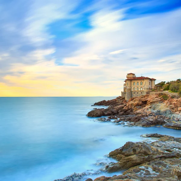 Boccale castle landmark on cliff rock and sea. Tuscany, Italy. Long ...