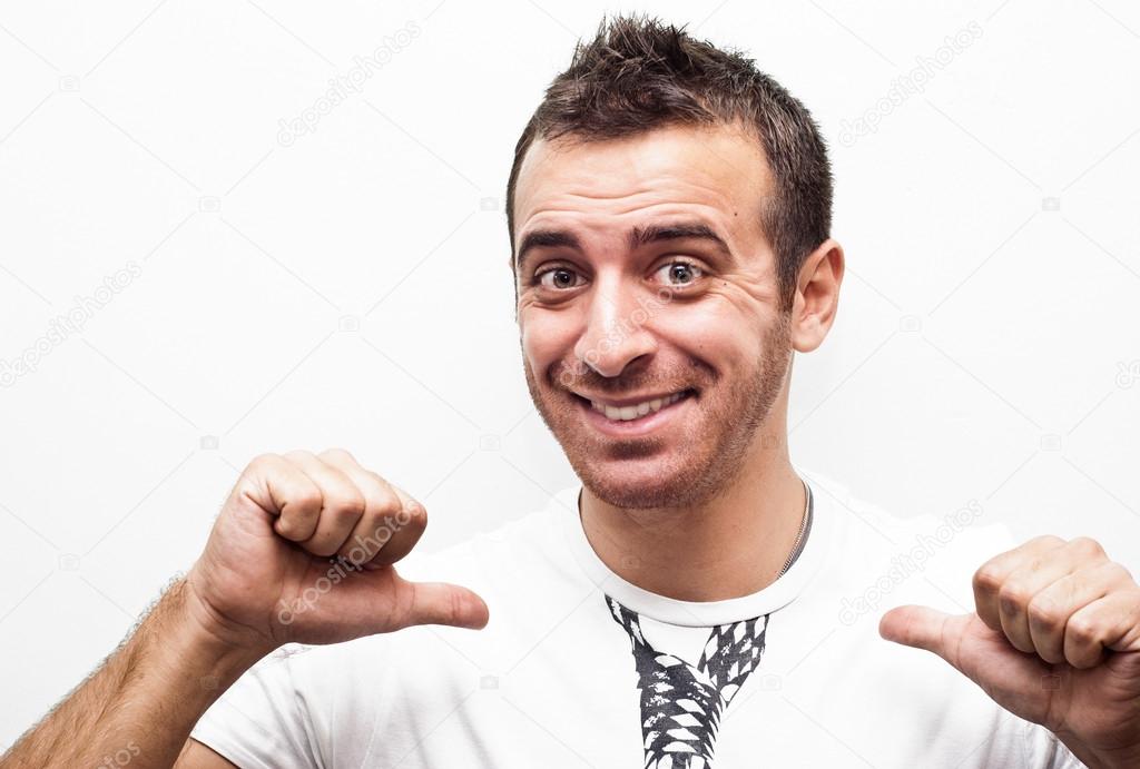 Confident business man points to himself with hands. — Stock Photo ...