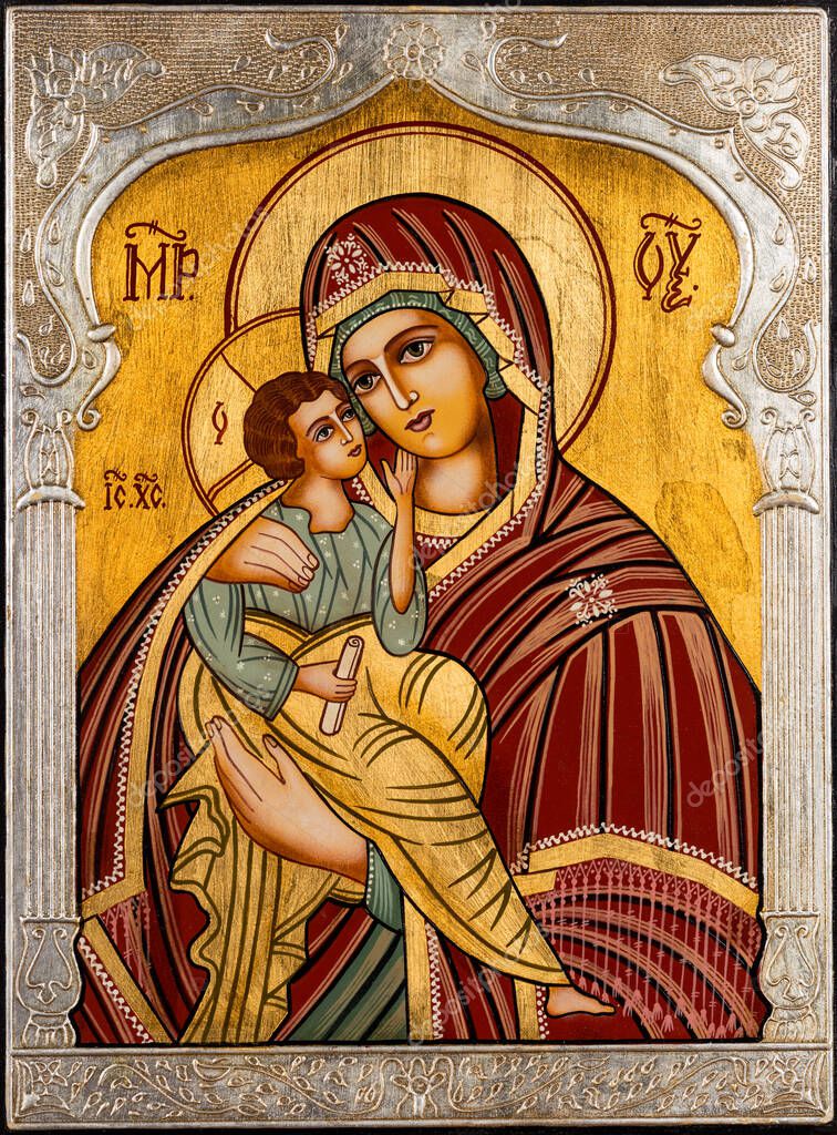 Icono pintado en el estilo bizantino u ortodoxo que representa a la ...