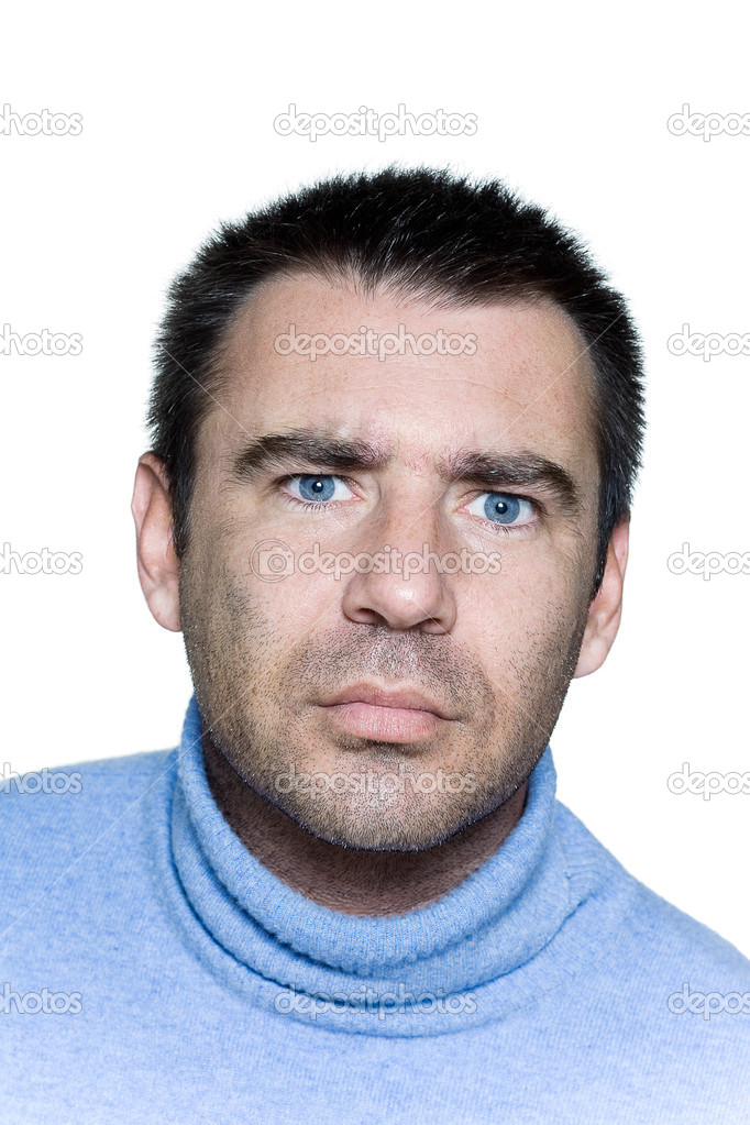 Expressive portrait on isolated background of a stubble man perplex ...