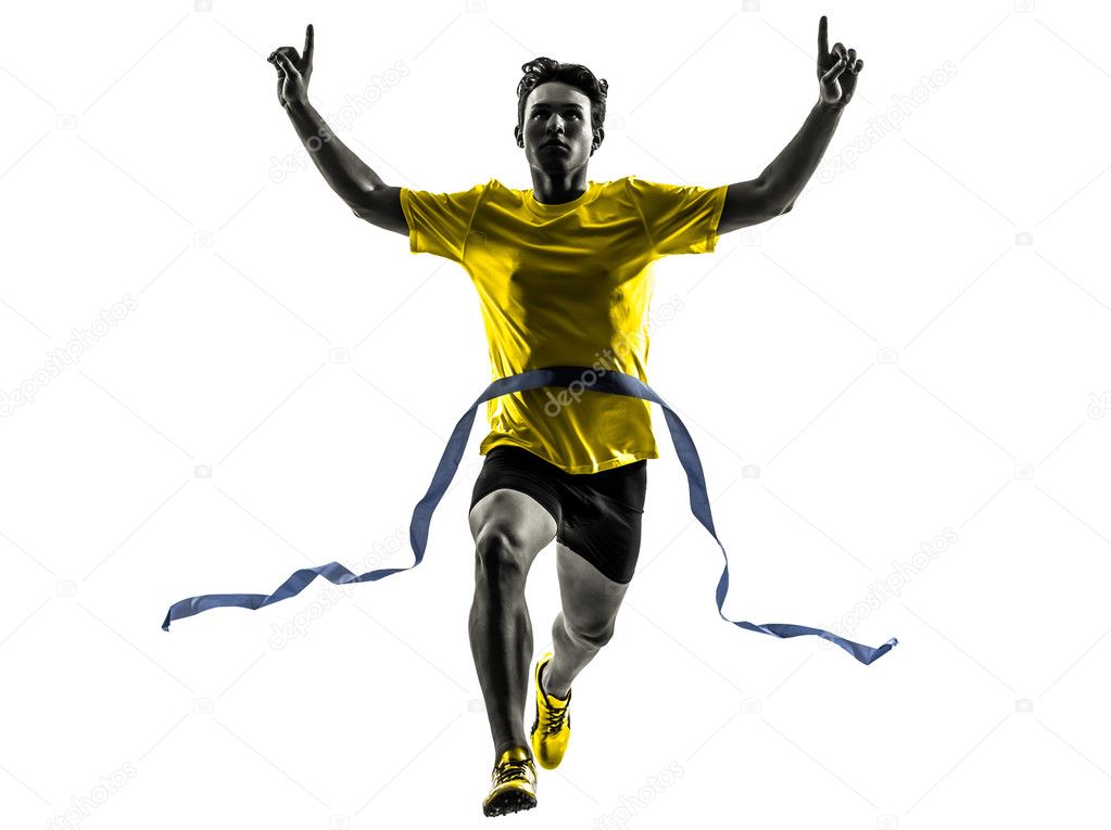 Young man sprinter runner running winner finish line silhouette Stock ...