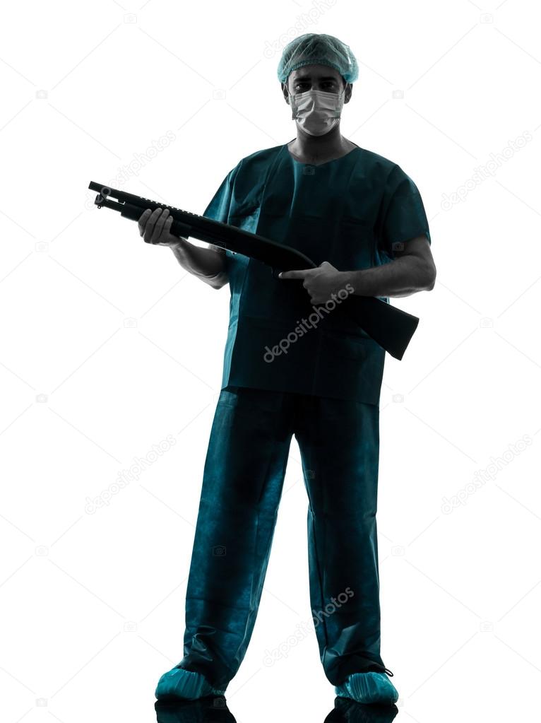 Doctor surgeon man with face mask holding shotgun silhouette Stock ...