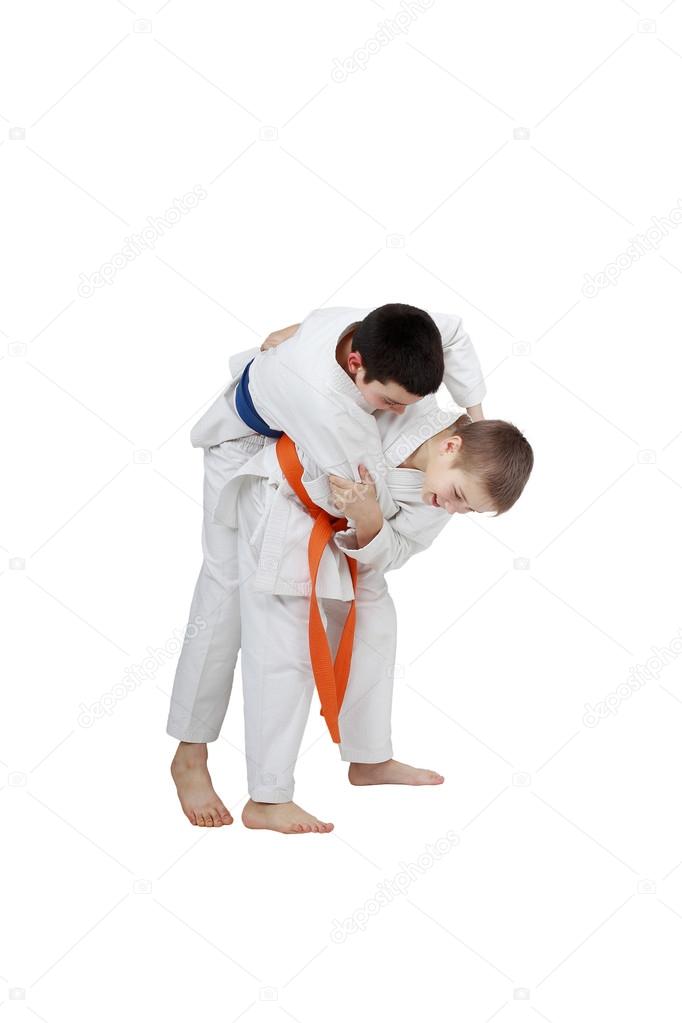 Capture for throw is performing athlete with orange belt — Stock Photo ...