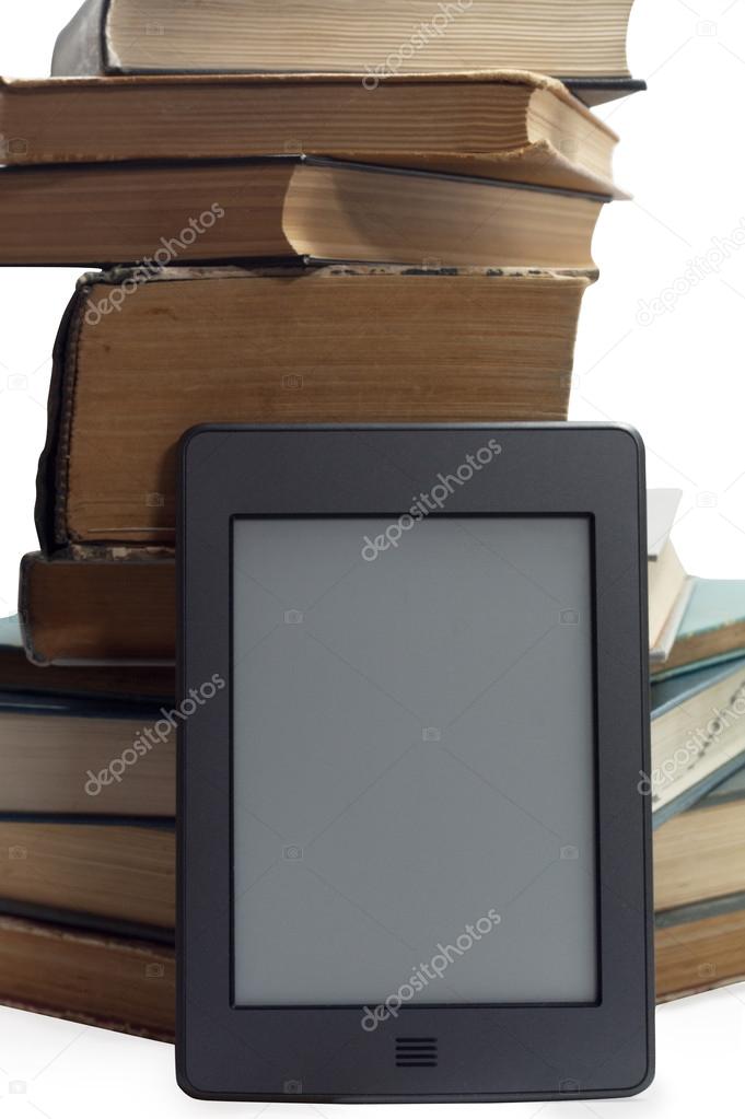STACK OF BOOKS AND ELECTRONIC BOOK READER. — Stock Photo ...