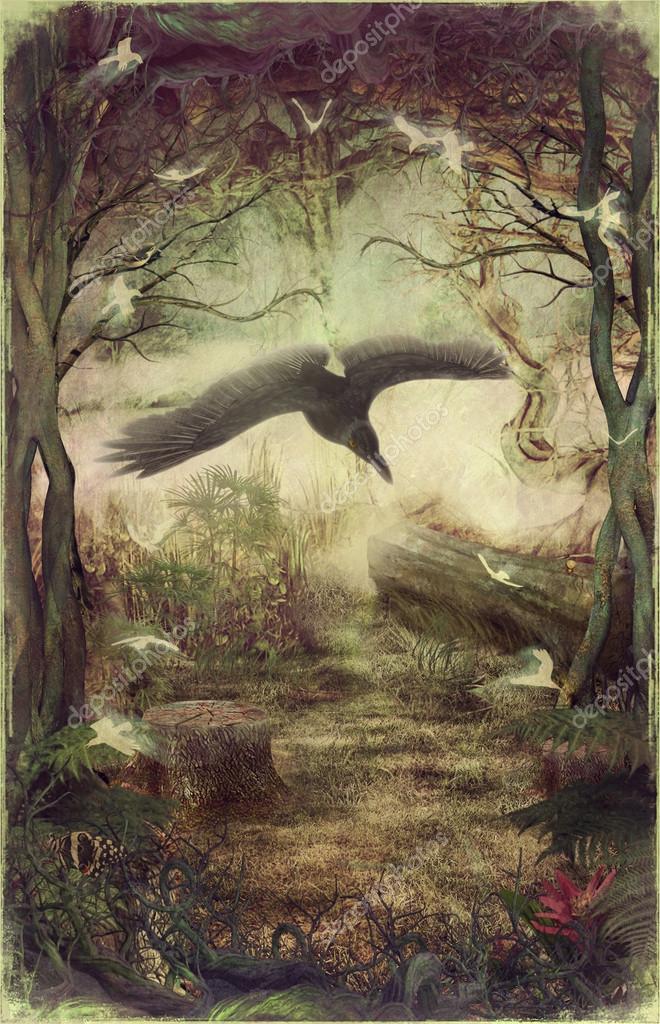 Raven flying through forest — Stock Photo © natamc #12563260