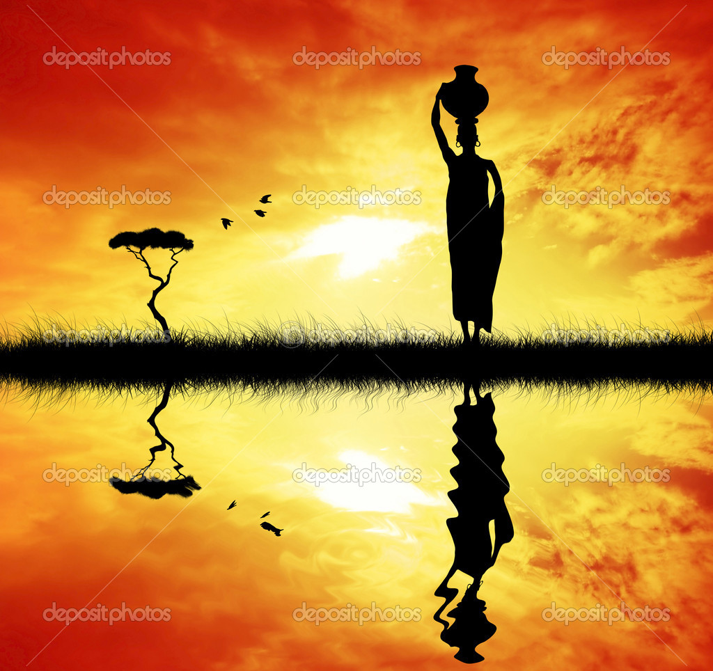 African Woman Carrying Water Drawing