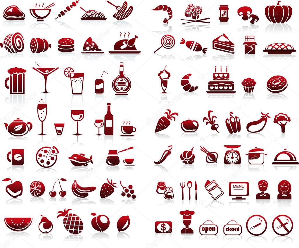 77 iconos de alimentos y bebidas para el fondo blanco 2023
