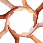 Multiracial human hands making a circle on white background with a copy ...