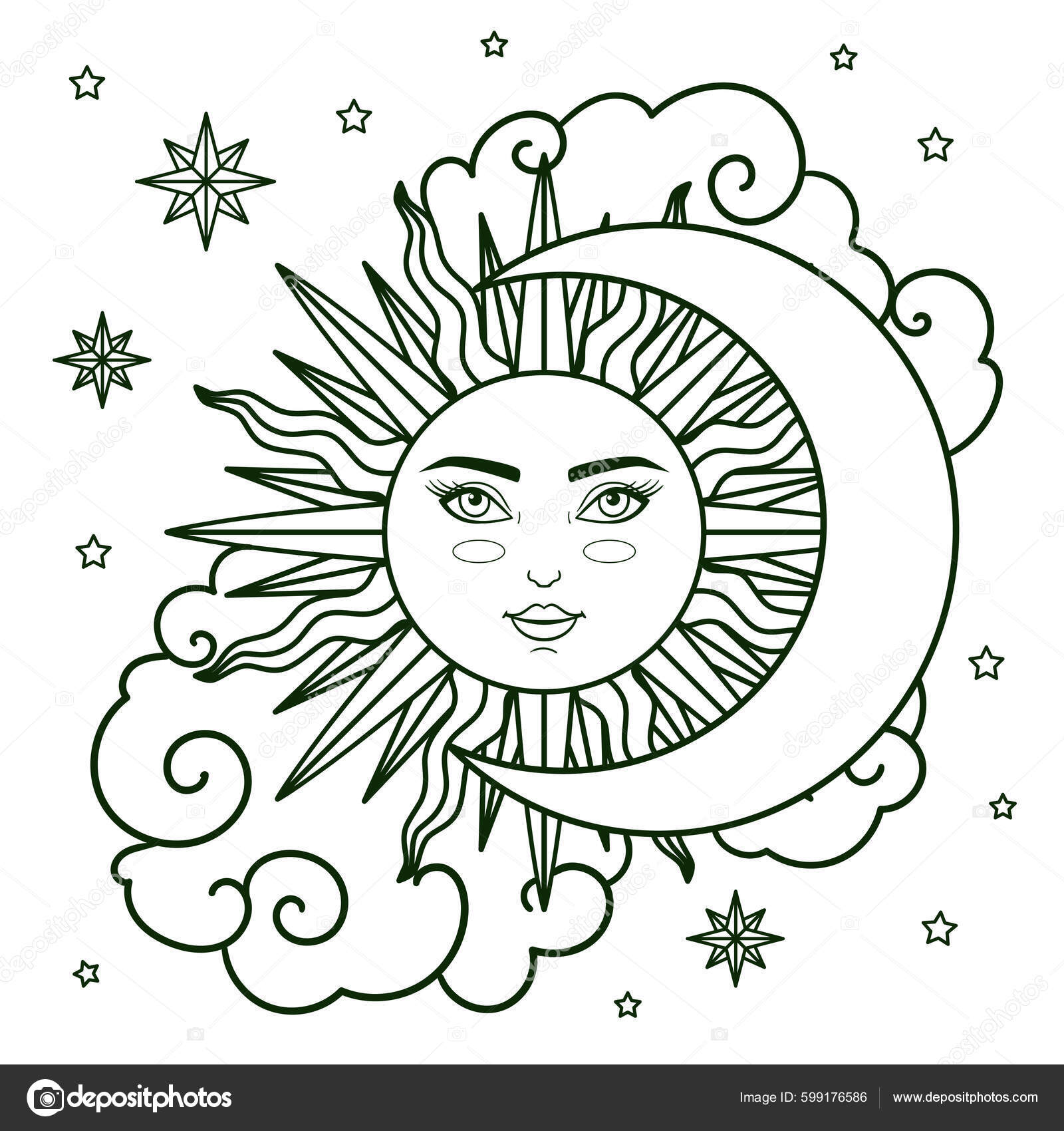 Moon And Sun Colored Drawing