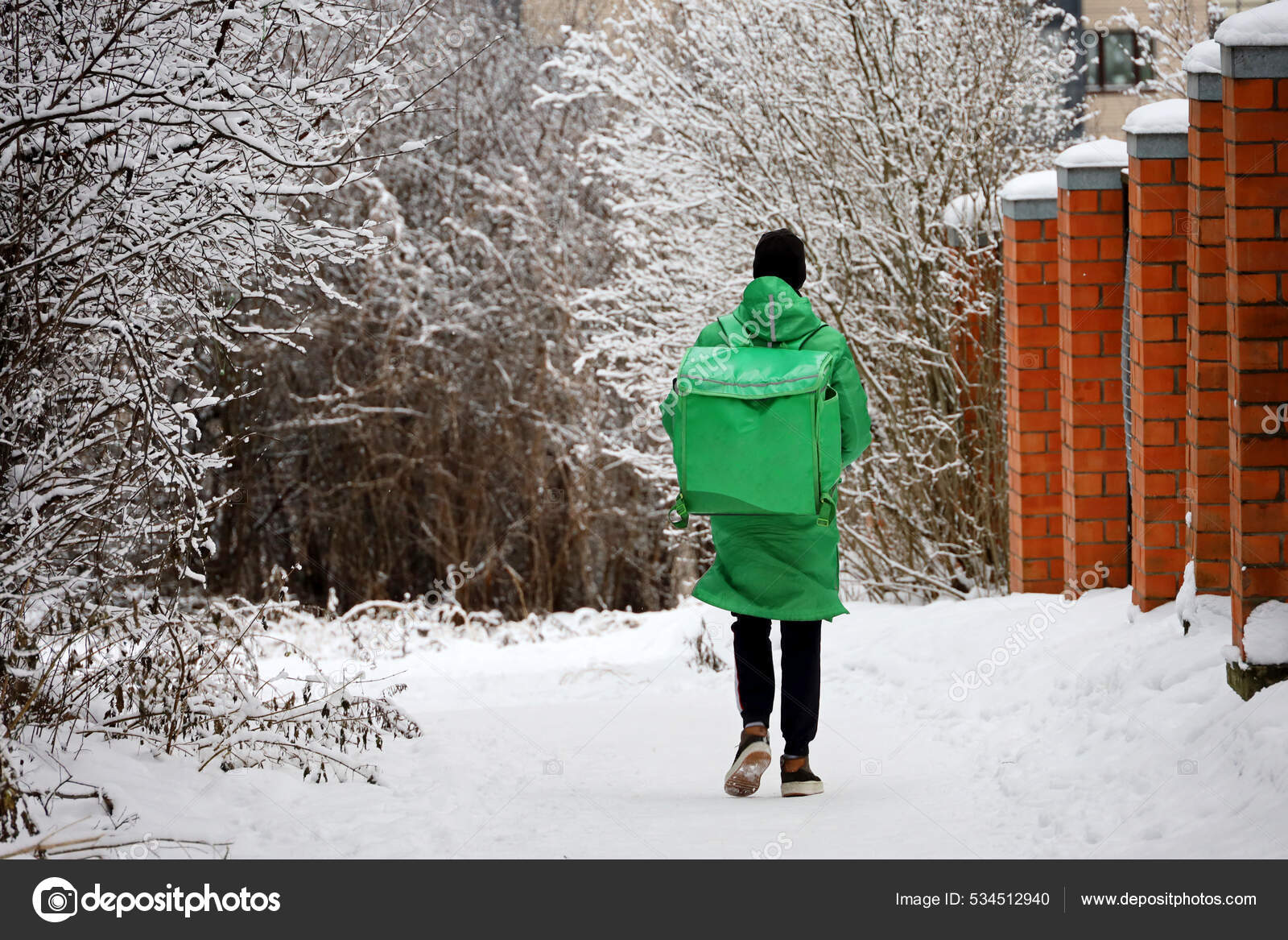 Delivery Service Courier Thermos Bag Walking Snow Winter City Food ...