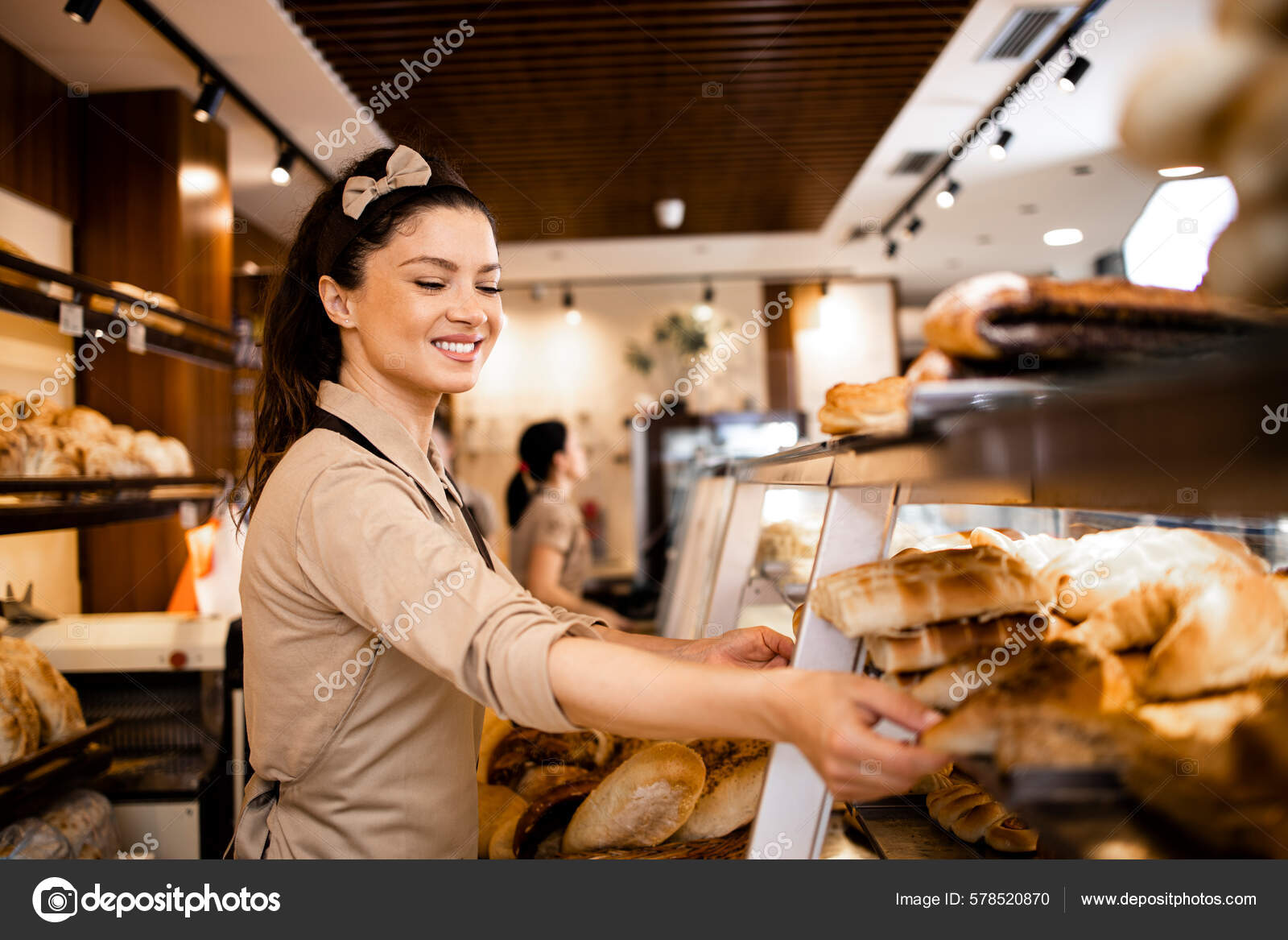 Beautiful Female Deli Worker Uniform Selling Fresh Pastries Bred ...