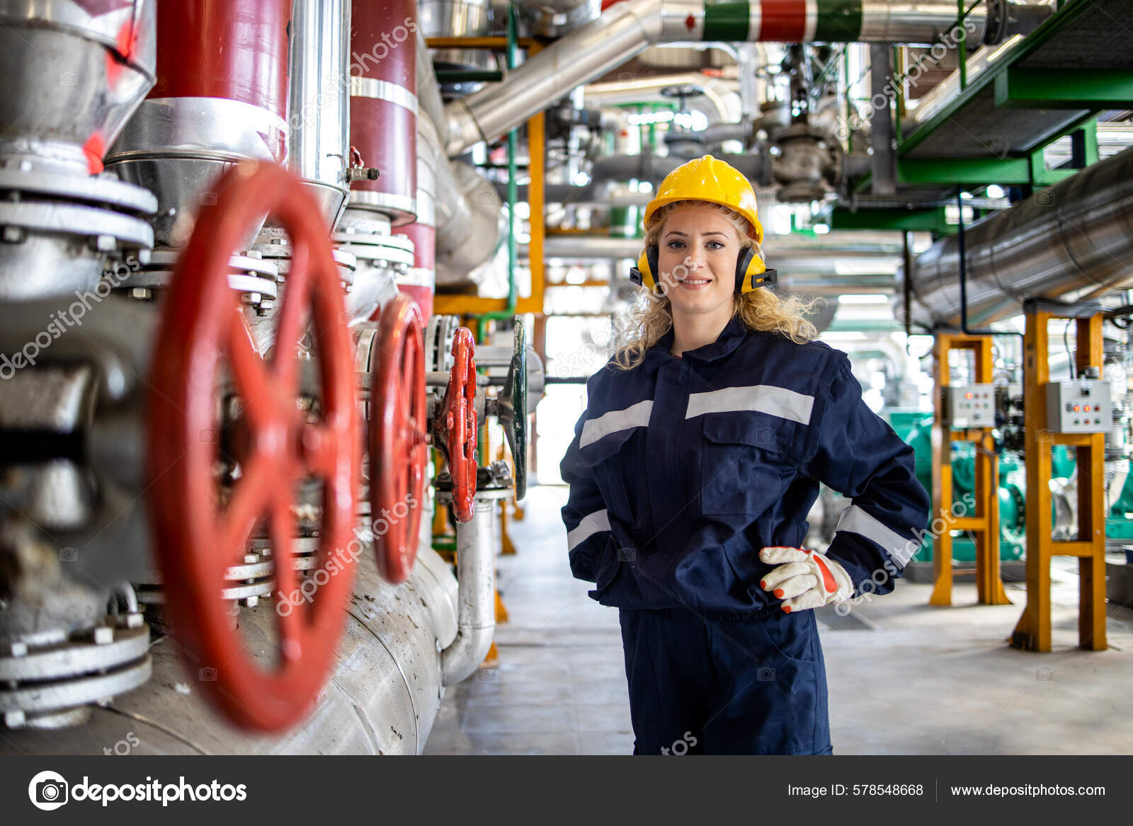Portrait Female Refinery Worker Standing Gas Pipelines Petrochemical ...