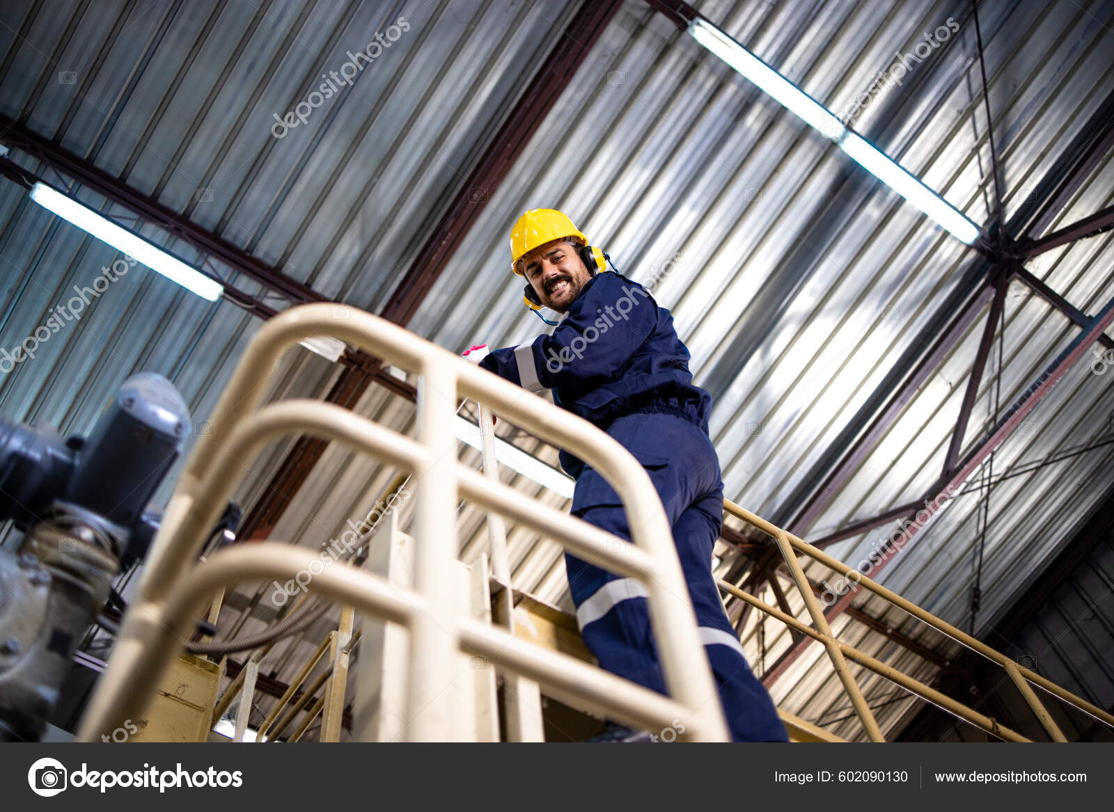 Portrait Factory Worker Climbing Metal Platform Production Plant ...