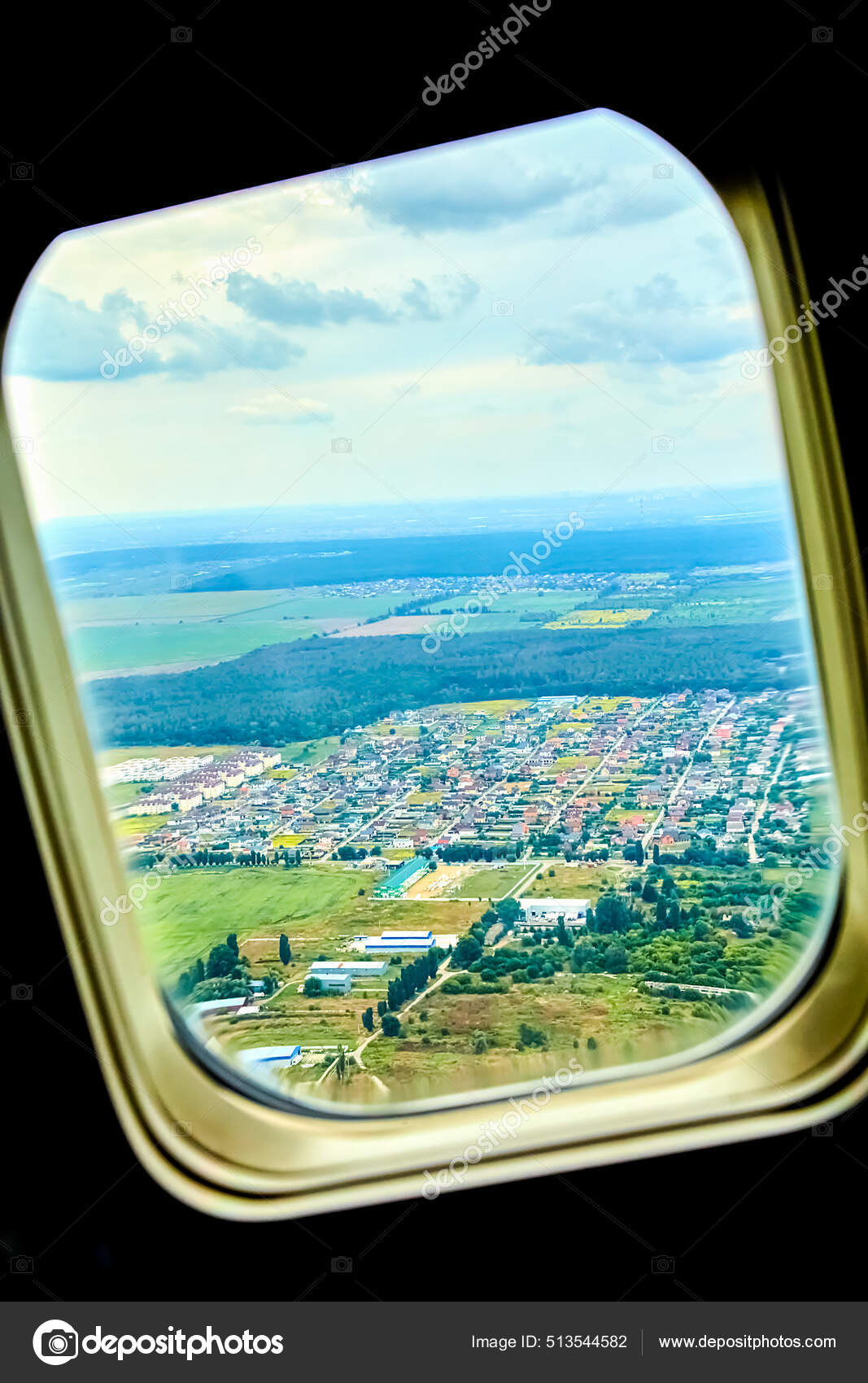 Airplane Window View Green Fields Houses Cloudy Day Stock Photo by ...