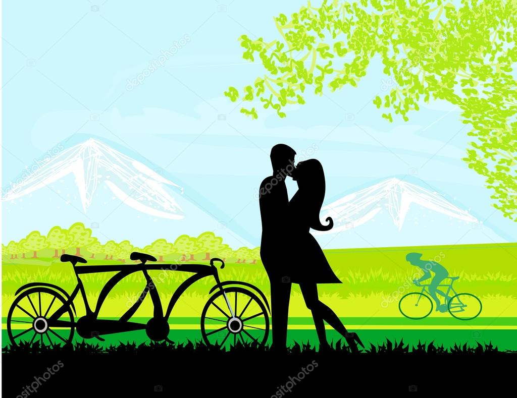 Silueta De Dulce Joven Pareja Enamorada De Pie En El Parque Vector
