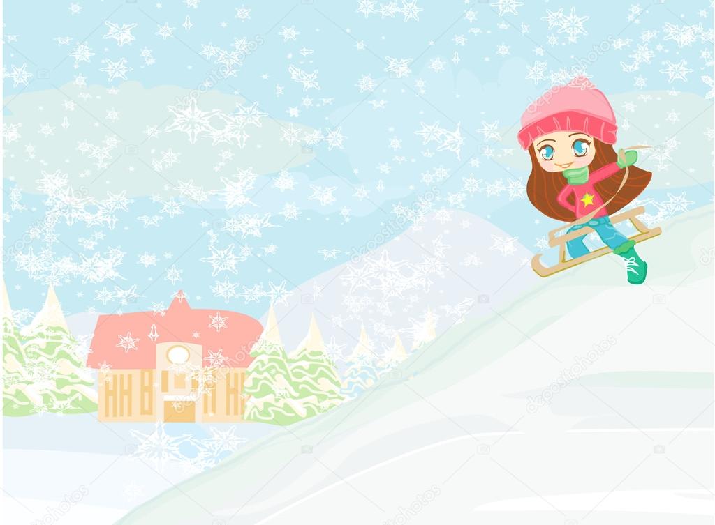 Little girl sledding - vector illustration Stock Vector Image by ...